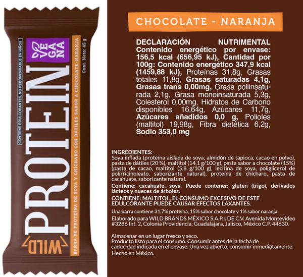 BARRA PROTEINA CHOCOLATE NARANJA 45G. WILD PROTEIN – Super Mode SA de CV